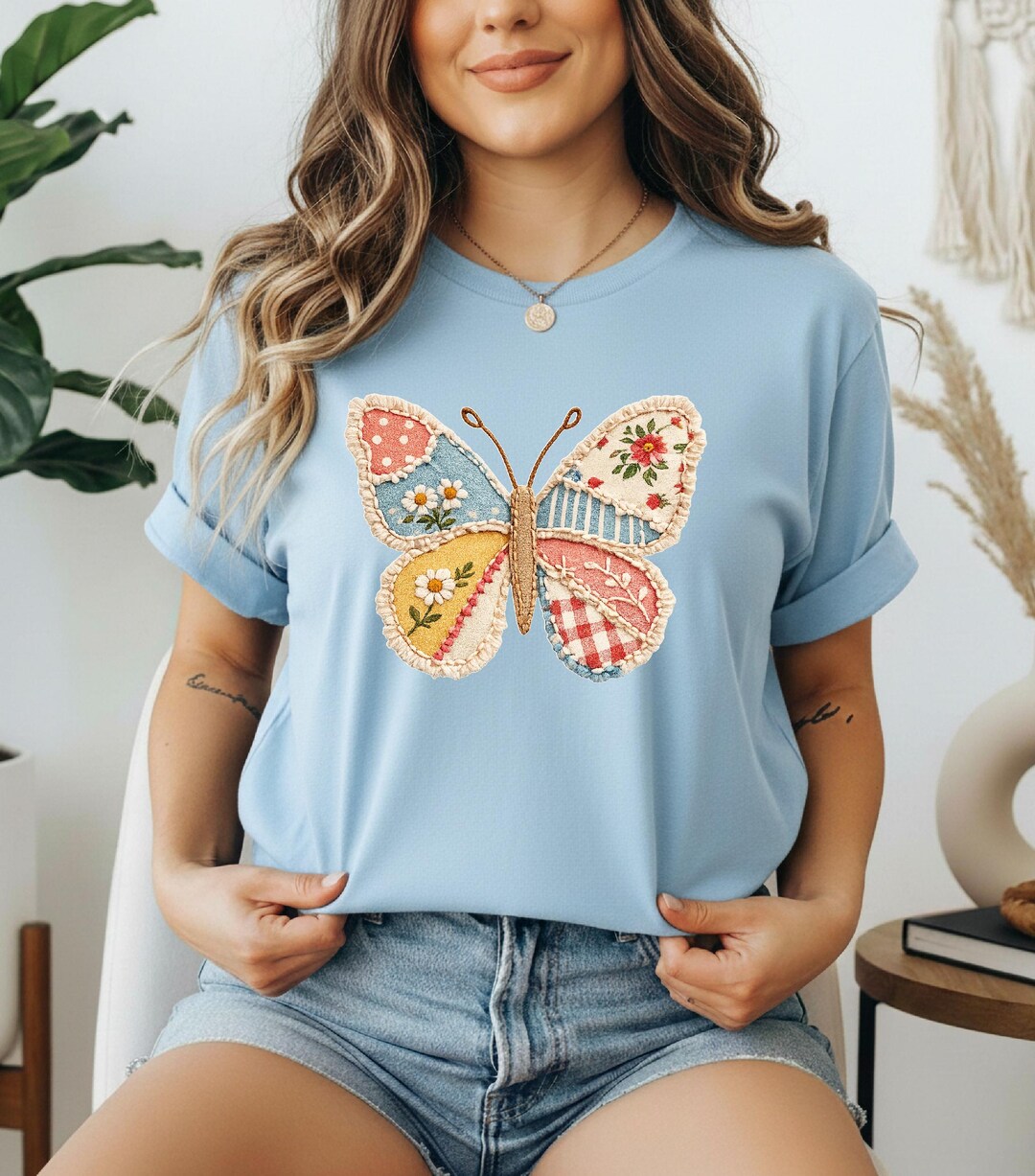 Spring Patchwork Design Shirt, Faux Patchwork Butterfly Tee, Girls ...
