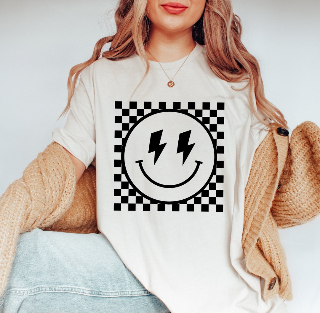 Checkered Pattern Smiling Face T-shirt,cute Smile Face Shirt,trendy ...