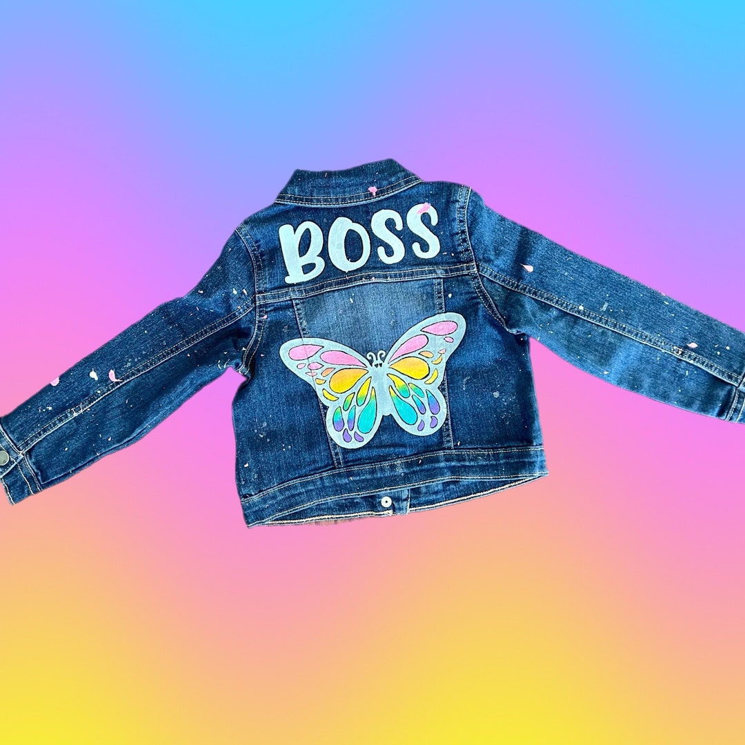 Pastel Color Butterfly Denim Jacket for Girls, Hand Painted With Name ...