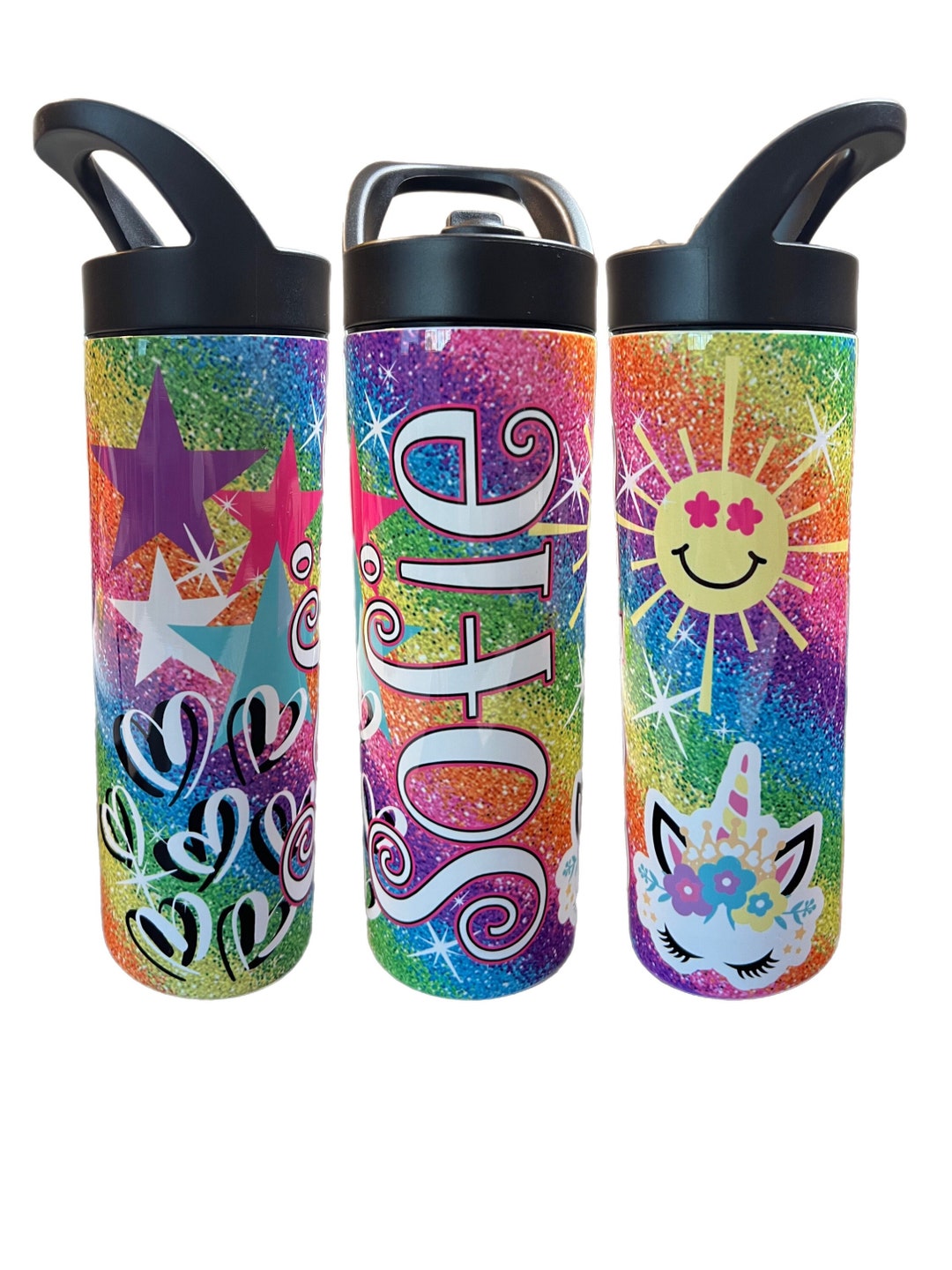 Rainbow Sparkly Water Bottle, Personalized Birthday Gift, Stainless ...