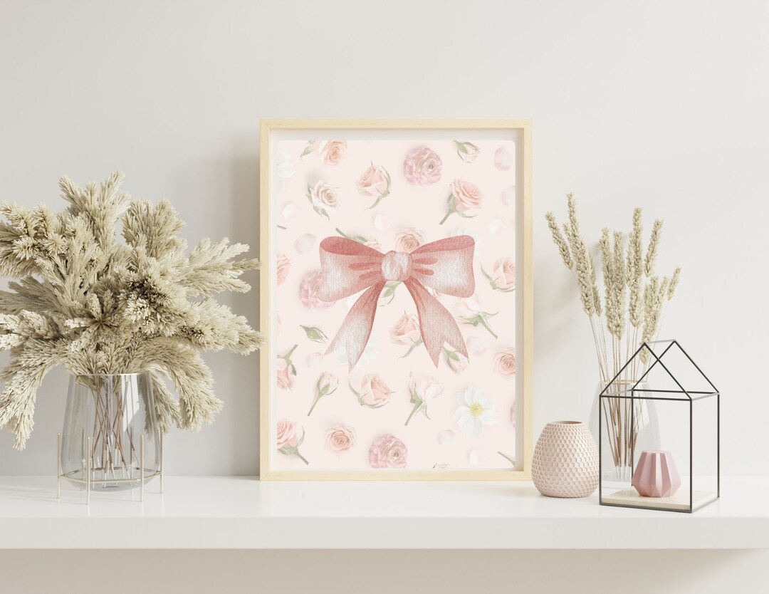 Floral Pink Bow Art, Coquette Print, Feminine Flower Decor, Trendy ...