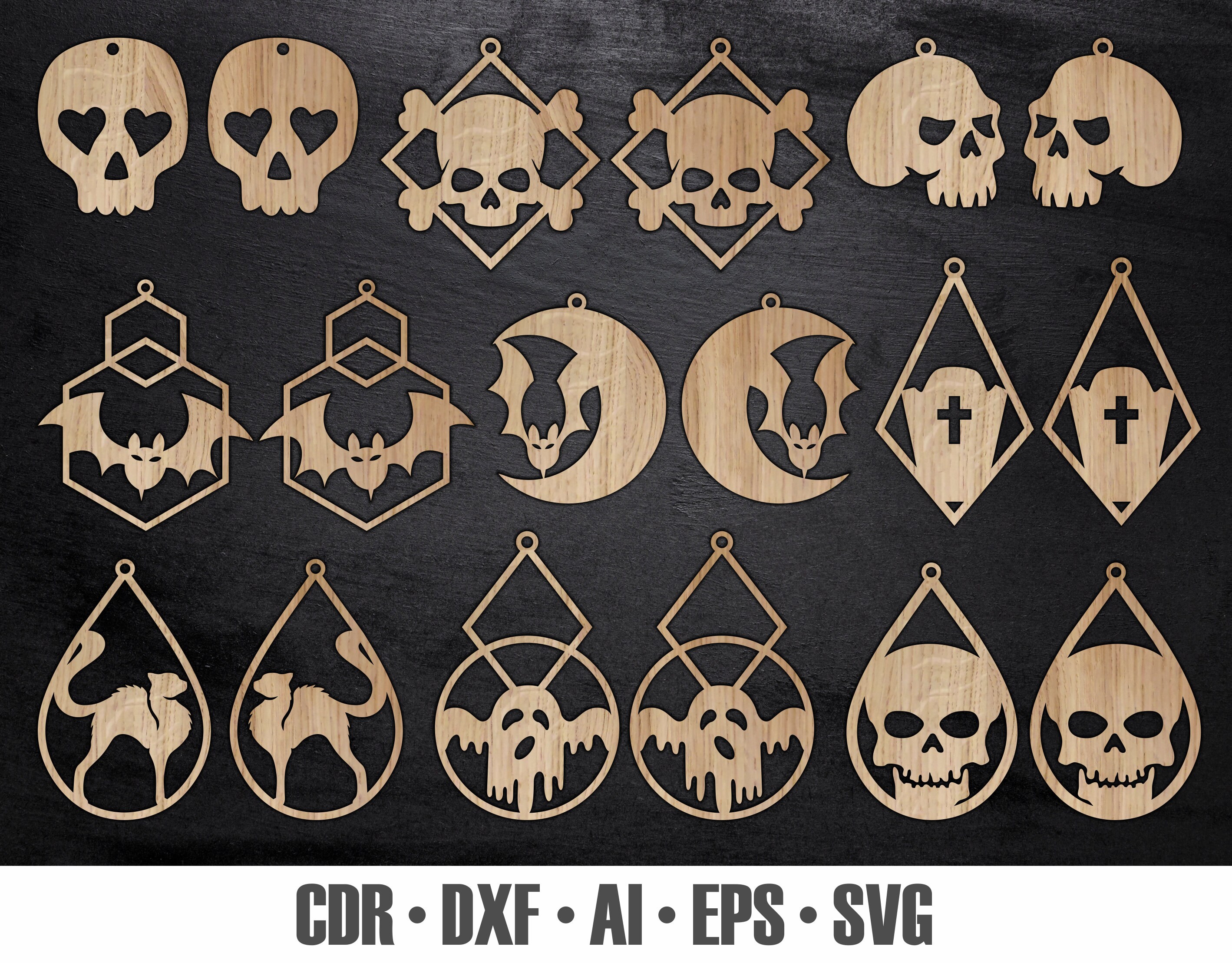 Halloween Earrings SVG Bundle. Skull Template. Spider, Black Cat, Ghost ...