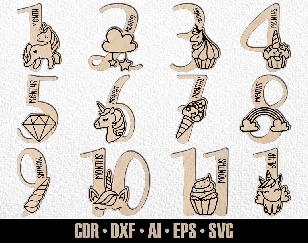 12 Hand Drawn Monthly Unicorn Milestones SVG. Set From Months to One ...