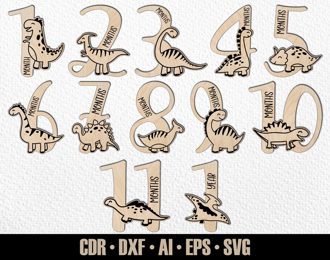 12 Hand Drawn Monthly Baby Dinosaur Milestones SVG. Set From Months to ...