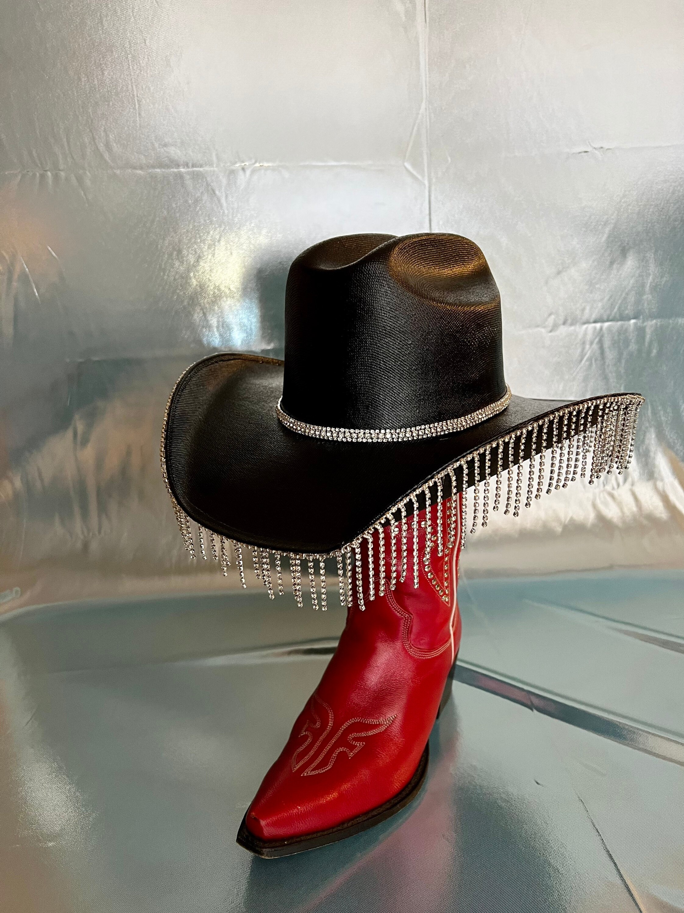 Rhinestone Fringe Cowboy Hat Black Rhinestone Cowgirl Hat in Short ...