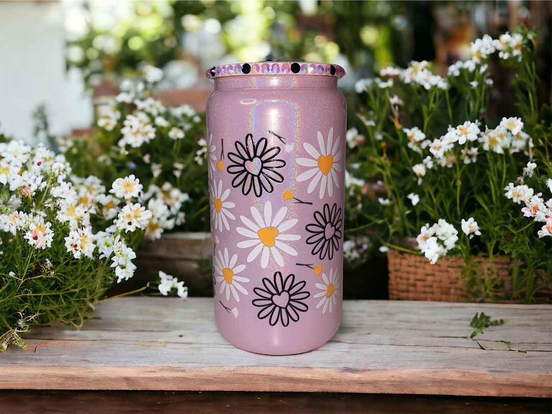 Pink Shimmer Daisy 16oz Libbey Glass Can Tumbler With Glittered ...
