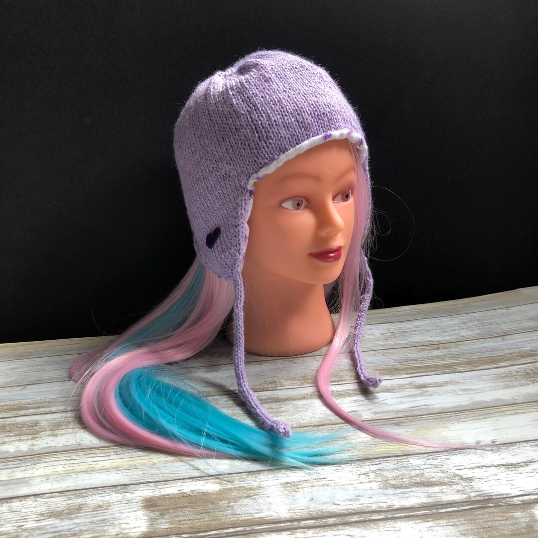 Hand Knit Lilac Ear Flap Skull Cap, Flannel Lined Heart Hat - Etsy