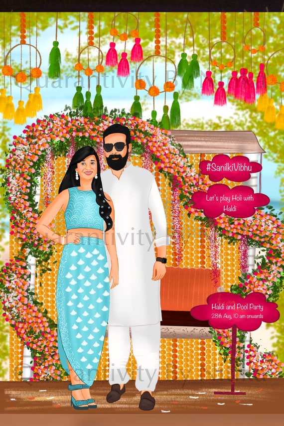Personalised Haldi Caricature Digital Invitation Indian - Etsy India