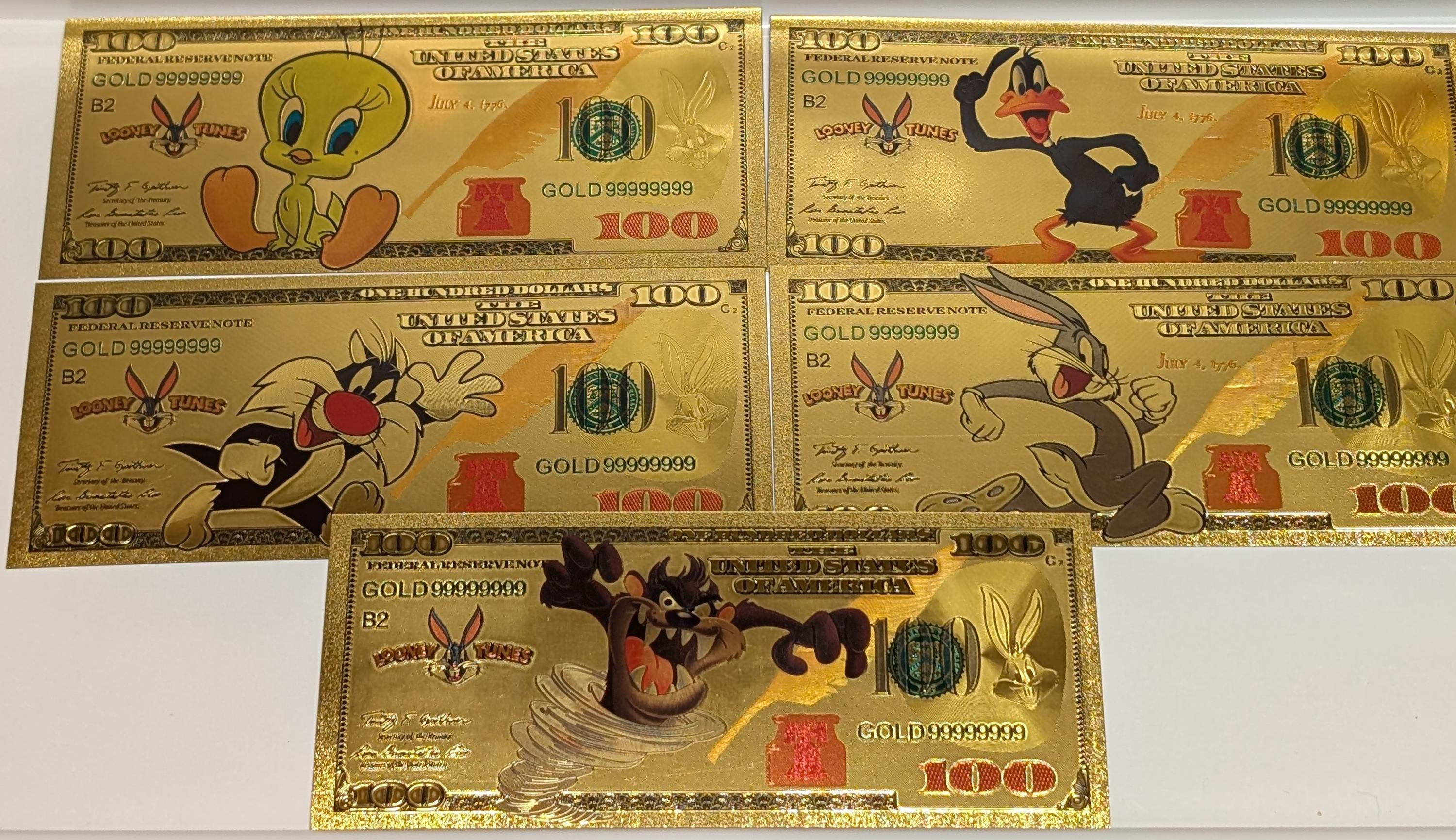 5pc 24K Gold Foil Looney Tunes Collectible Banknote Set | Tweety, Bugs ...