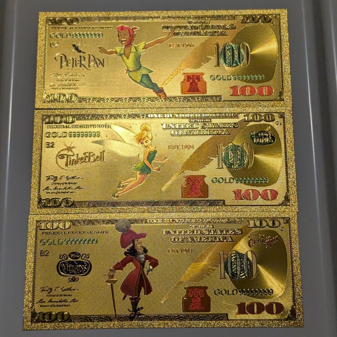 24k Gold Foil Peter Pan Novelty Banknote Set Disney Art Featuring Peter ...