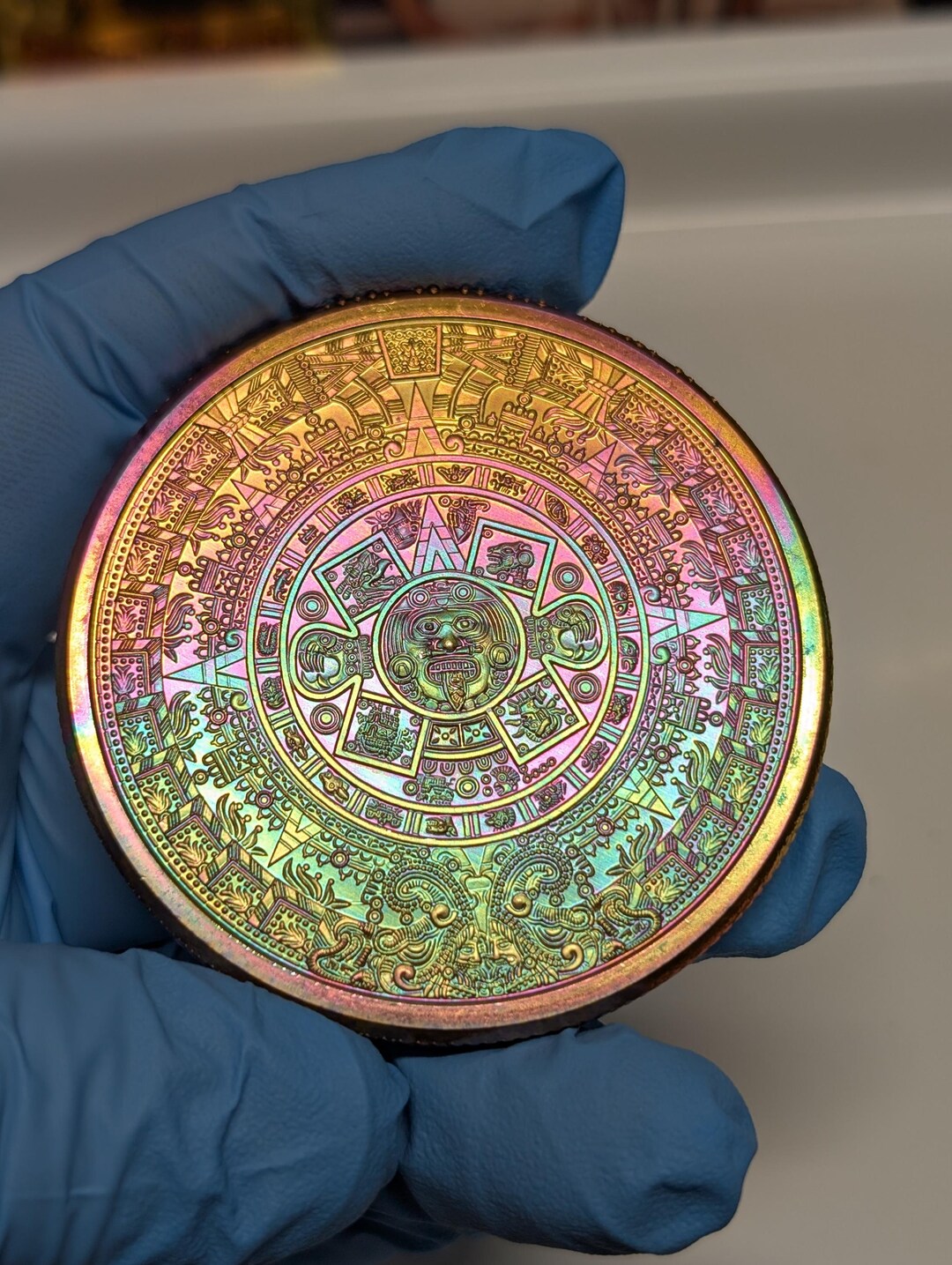 Rainbow Toned Aztec Warrior & Calendar 5oz Copper Round Unique and One ...