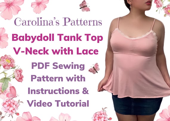 Babydoll Tank Top V neck With Lace Pdf Sewing Pattern XS XL With Instructions Instant Download Letter Print AO Print Available Etsy