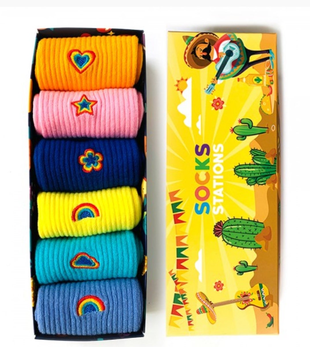 6 Pair Blue Orange Rainbow Patterned Embroidered Socket Colorful Socks ...