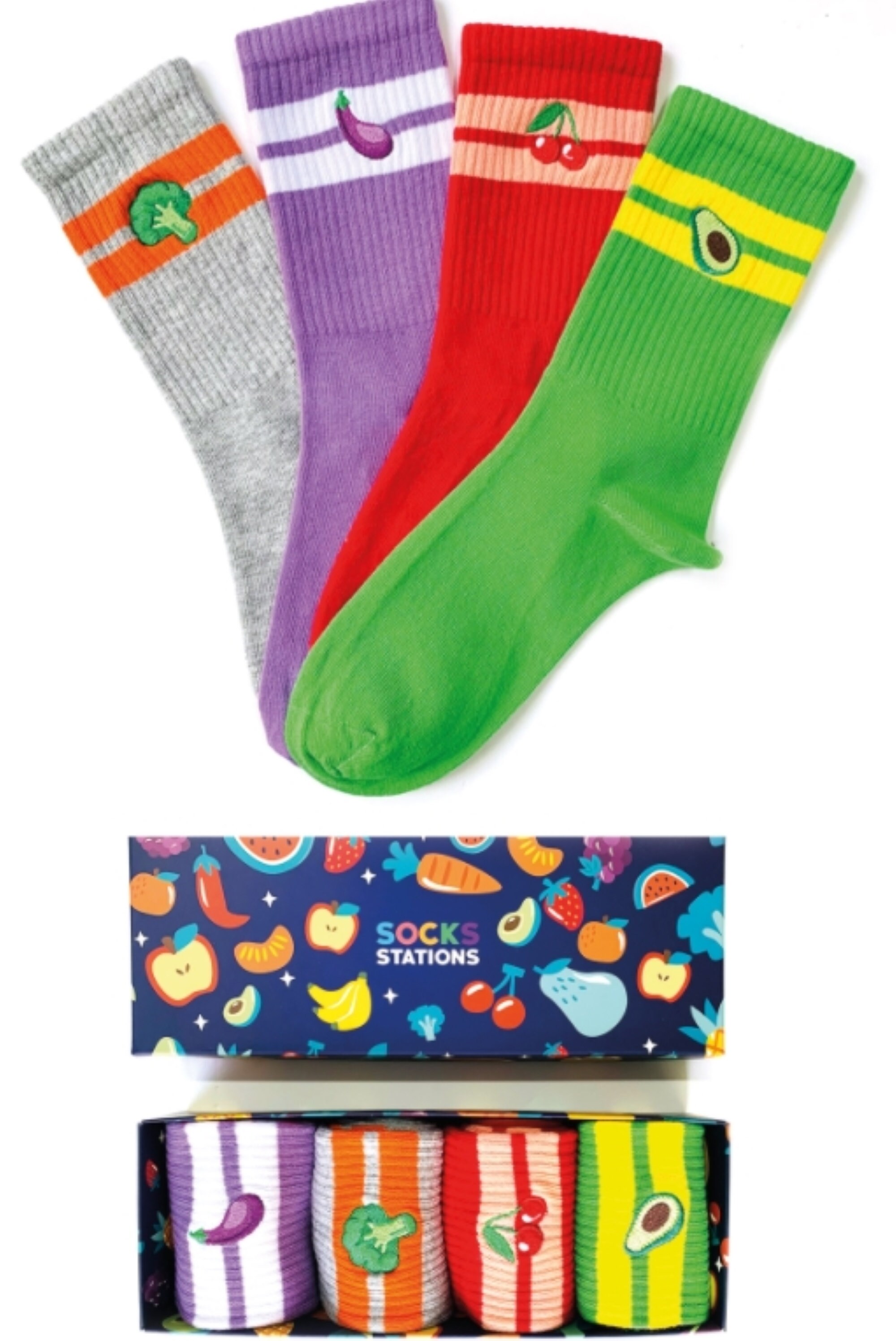 Fruit Embroidered Striped Socket Colorful Socks Box 4 PCS Funy - Etsy