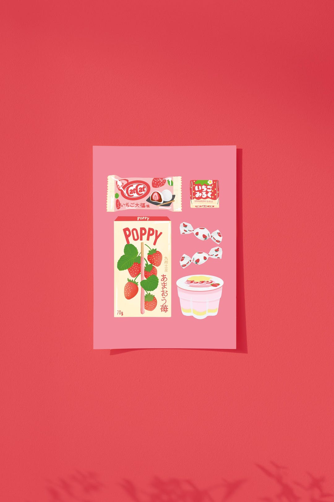 Japanese Candy Poster, Strawberry Drawing, Cute Wall Art, Kitkat Pocky ...