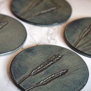 Denim Blue Round Clay Coaster Set, Dried Wheat Ceramic Imprint Coasters ...