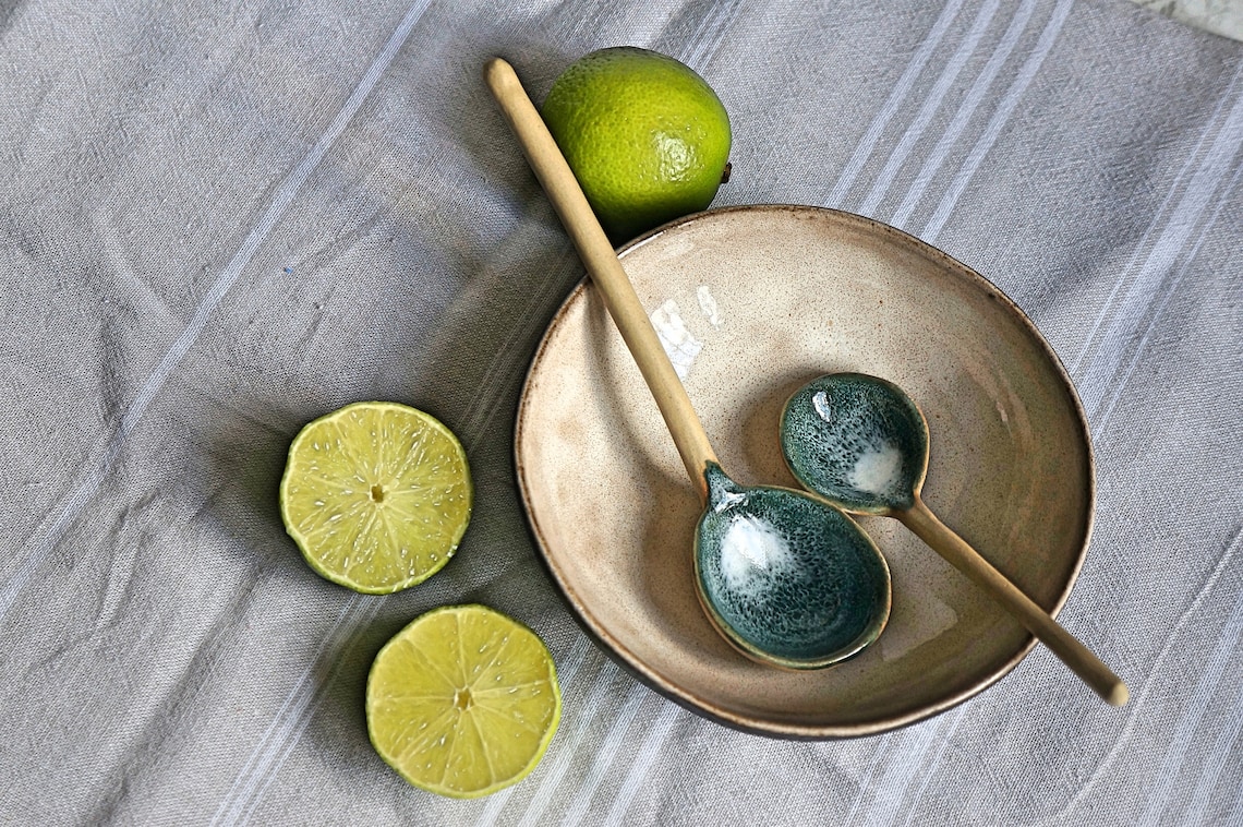 Handmade Ceramic Spoons Set: Black Stoneware Serving Spoons, Kitchen ...