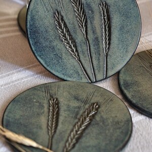 Denim Blue Round Clay Coaster Set, Dried Wheat Ceramic Imprint Coasters ...