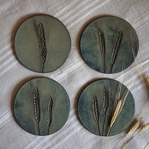 Denim Blue Round Clay Coaster Set, Dried Wheat Ceramic Imprint Coasters ...