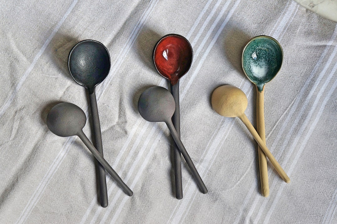 Handmade Ceramic Spoons Set: Black Stoneware Serving Spoons, Kitchen ...