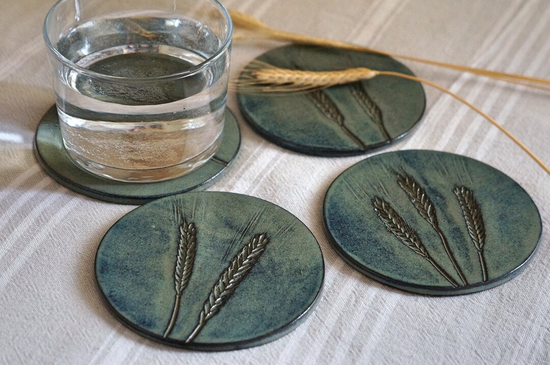 Denim Blue Round Clay Coaster Set, Dried Wheat Ceramic Imprint Coasters ...
