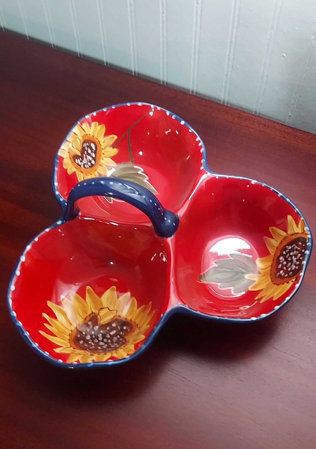 Hand Painted Sunflower Pottery Divided Dish, Red & Blue Farmhouse ...