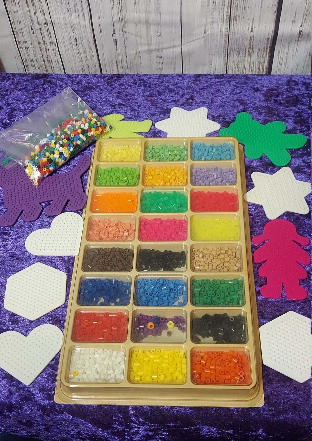 Pearler Beads and Pattern Shape Peg Boards ,bag of Wood Beads and Bag ...