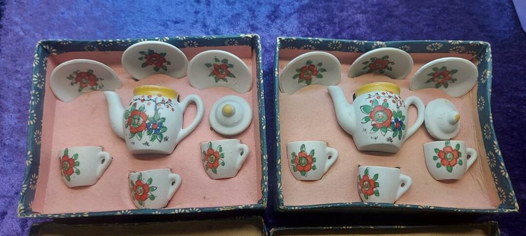 2 Vintage Miniature Glass Tea Set, Doll Accessories, Floral Design Made ...