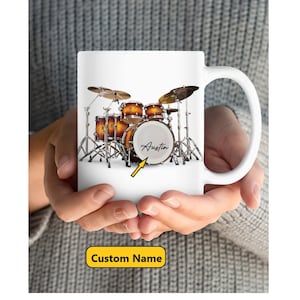 Drummer Coffee Cup, Brown Drum Set, Custom Name Mug, Drummer Gift for ...