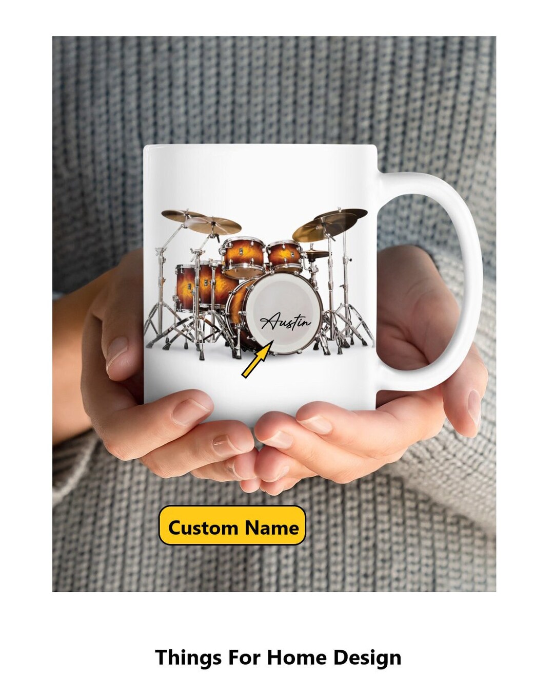 Drummer Coffee Cup, Brown Drum Set, Custom Name Mug, Drummer Gift for ...