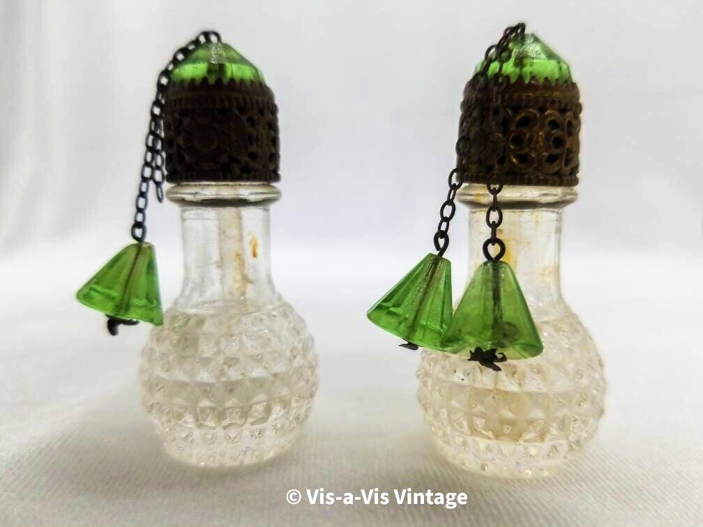 Vintage Sweet Pair Irice stubby Perfume Bottles W/ Green Crystal Tops ...