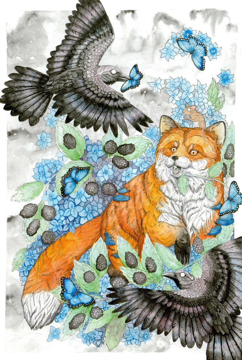 ORIGINAL ART Fox and Birds With Flowers - Etsy