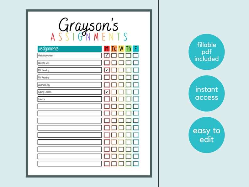 Weekly Assignment Checklist Printable | Canva Template | Assignment ...