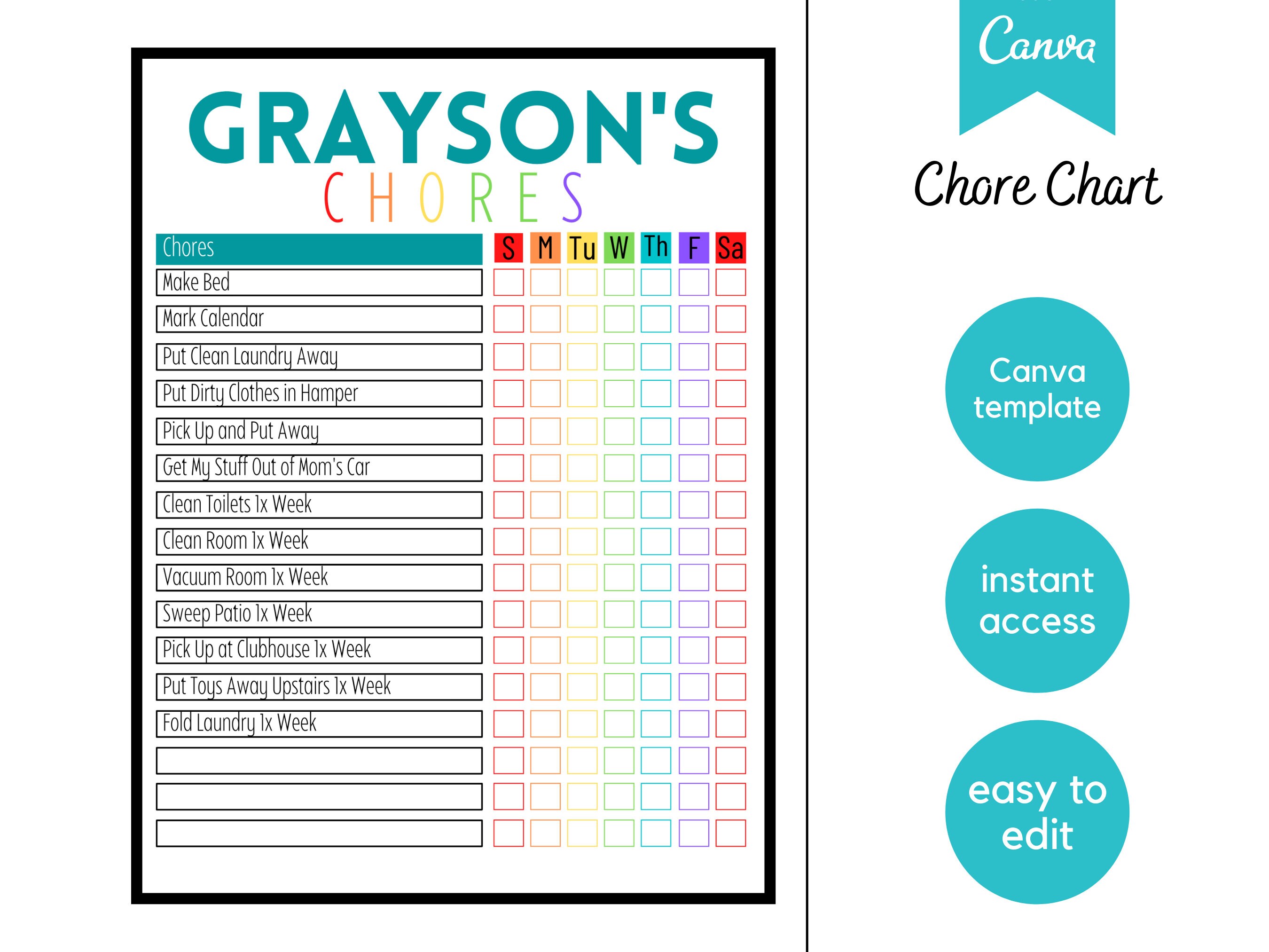 Chore Chart Checklist | Canva Template | Fillable | Printable | PDF ...