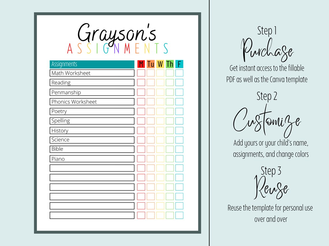 Weekly Assignment Checklist Printable | Canva Template | Assignment ...