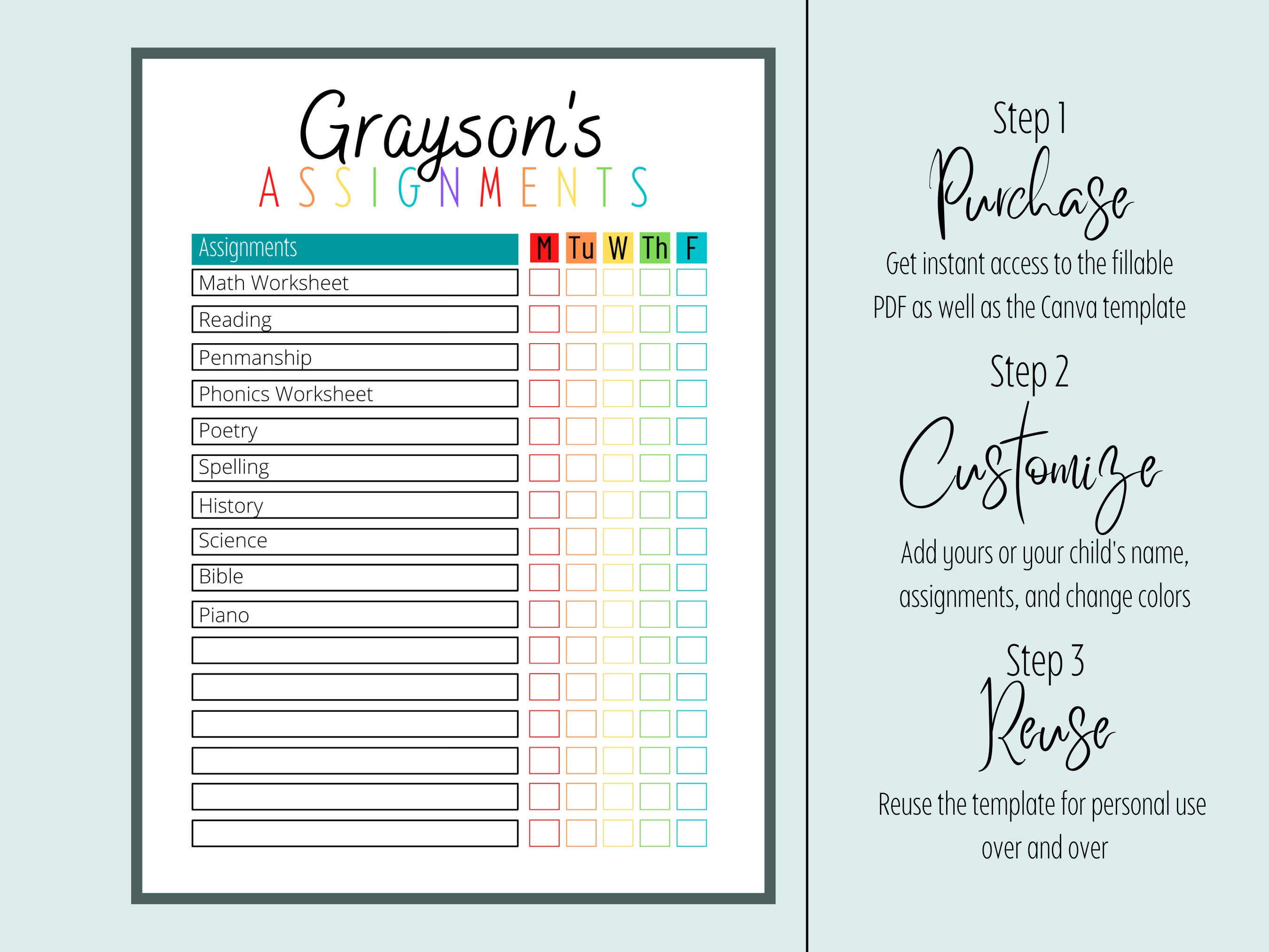 Weekly Assignment Checklist Printable | Canva Template | Assignment ...