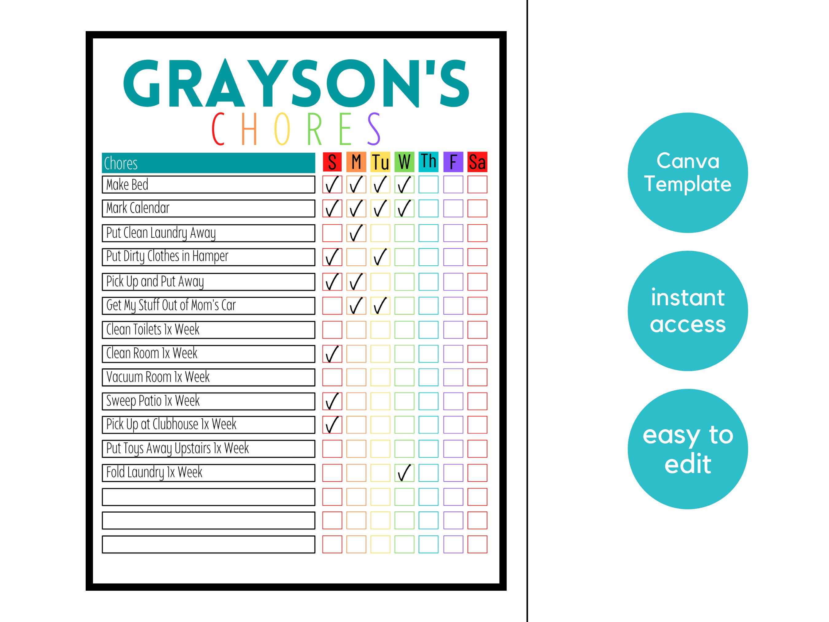 Chore Chart Checklist | Canva Template | Fillable | Printable | PDF ...