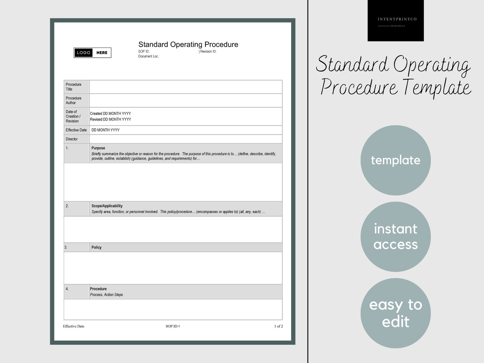 SOP Template | Standard Operating Procedure | Policies | Digital ...
