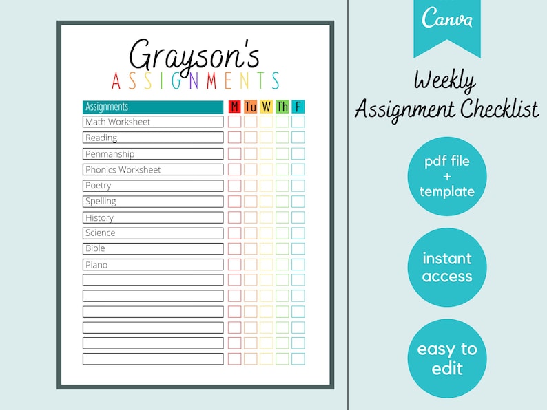 Weekly Assignment Checklist Printable | Canva Template | Assignment ...