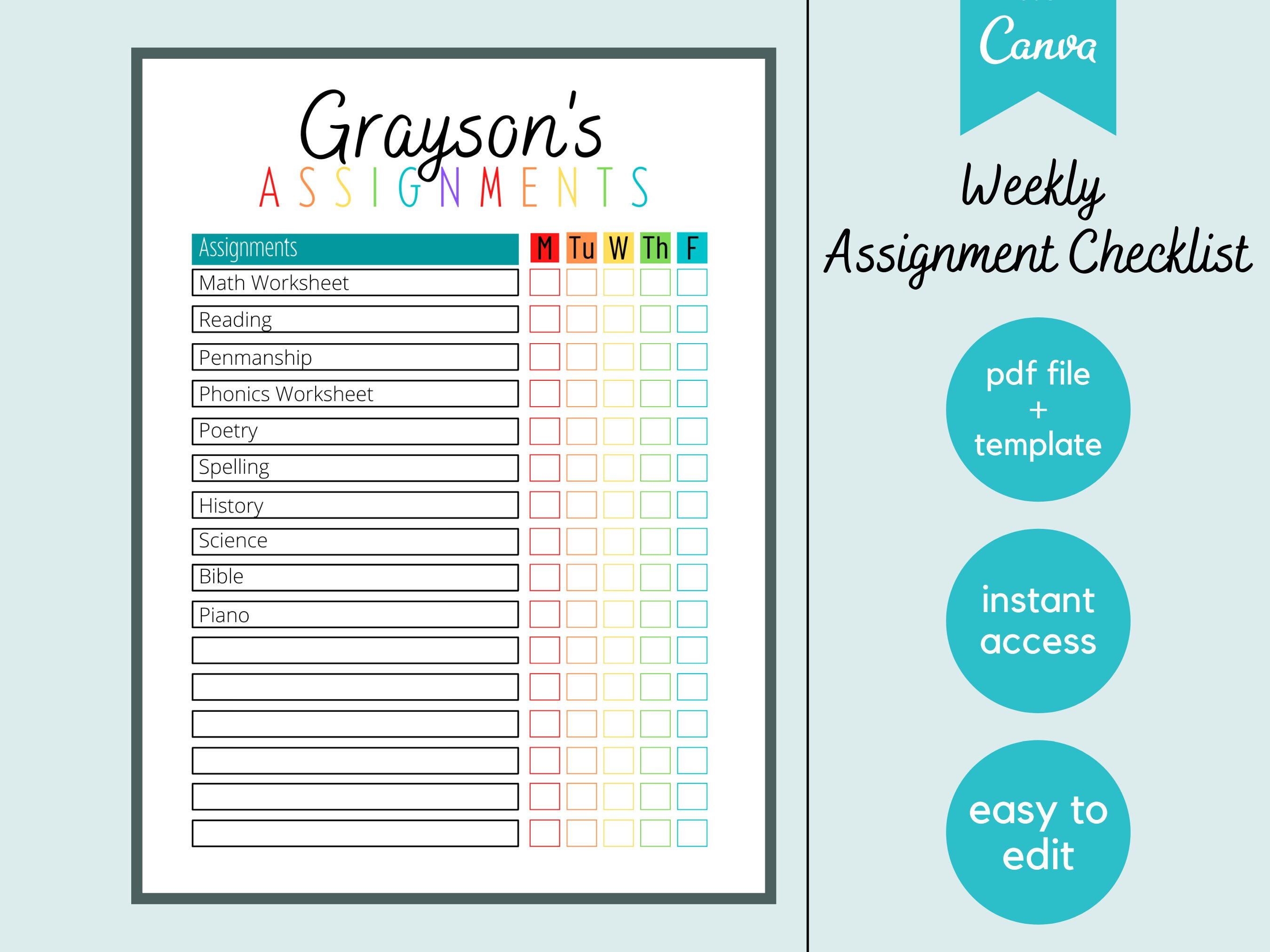 Weekly Assignment Checklist Printable | Canva Template | Assignment ...