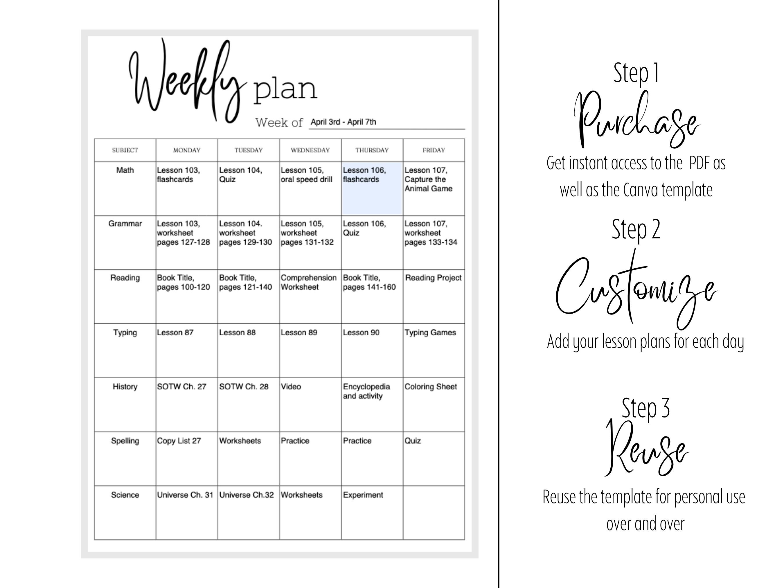 Homeschool Weekly Schedule Printable | Canva Template | Assignment ...