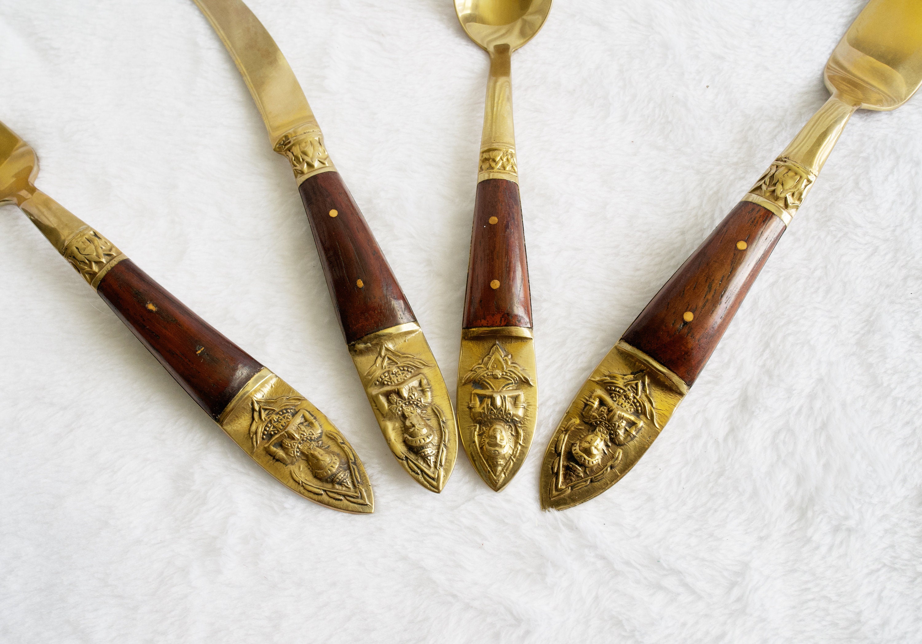 Vintage Siam Brass & Rosewood Flatware Serving Set, Set of 4, Made in ...