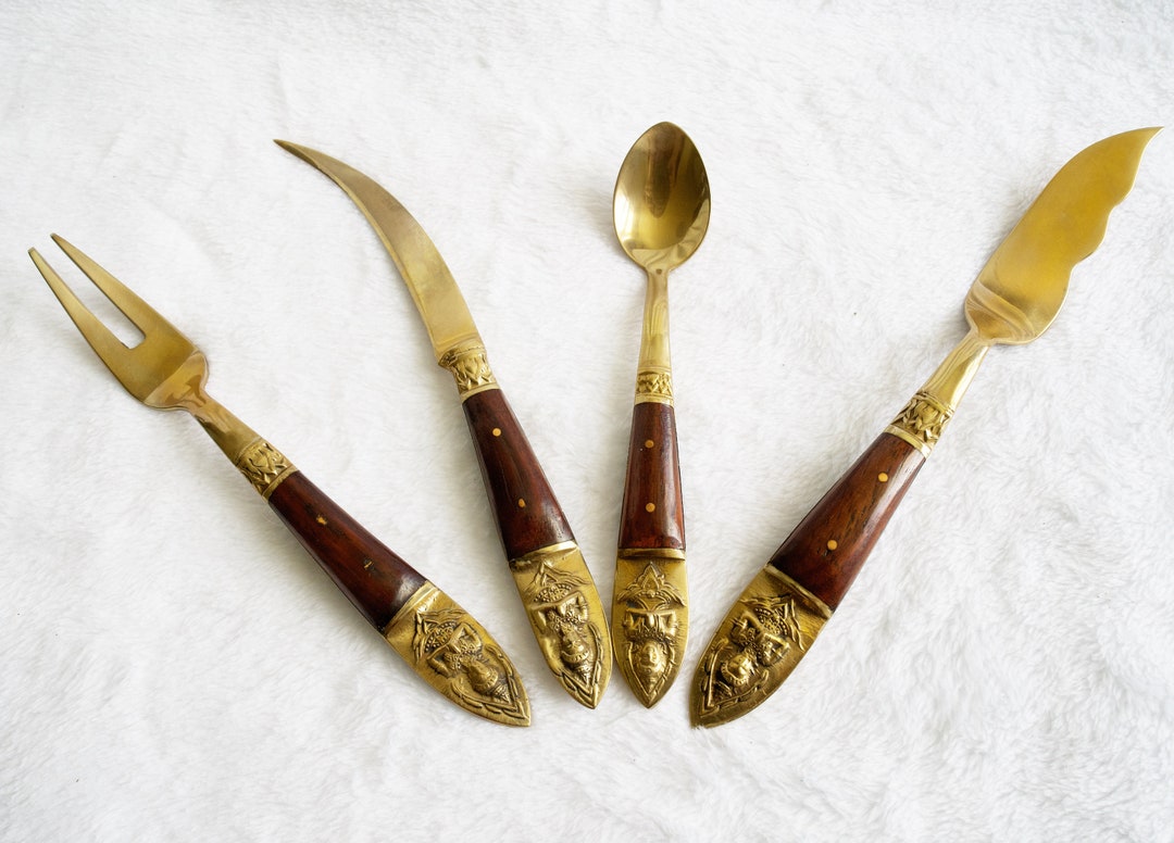Vintage Siam Brass & Rosewood Flatware Serving Set, Set of 4, Made in ...