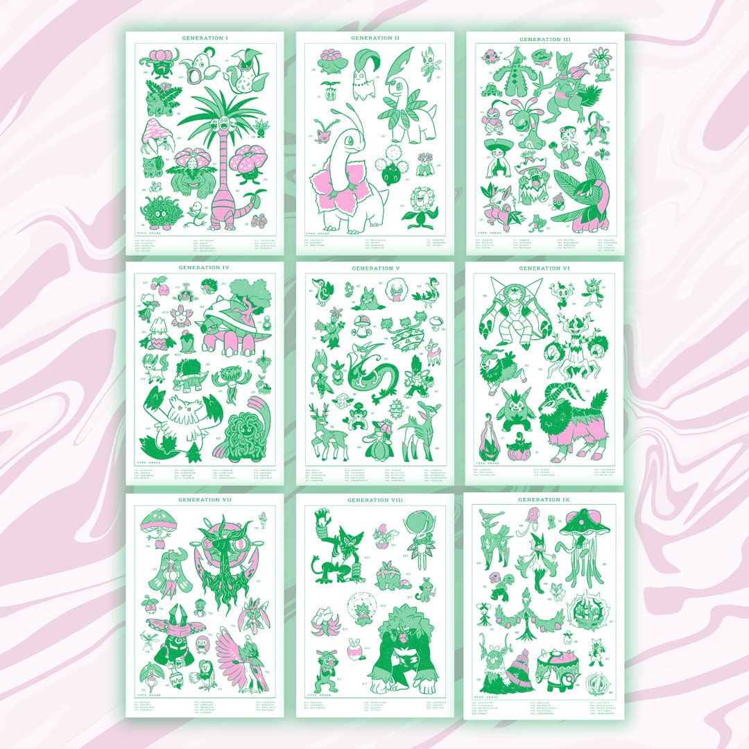 Grass Type Pokemon Illustration I Print Illustrated Art Print A6 ...