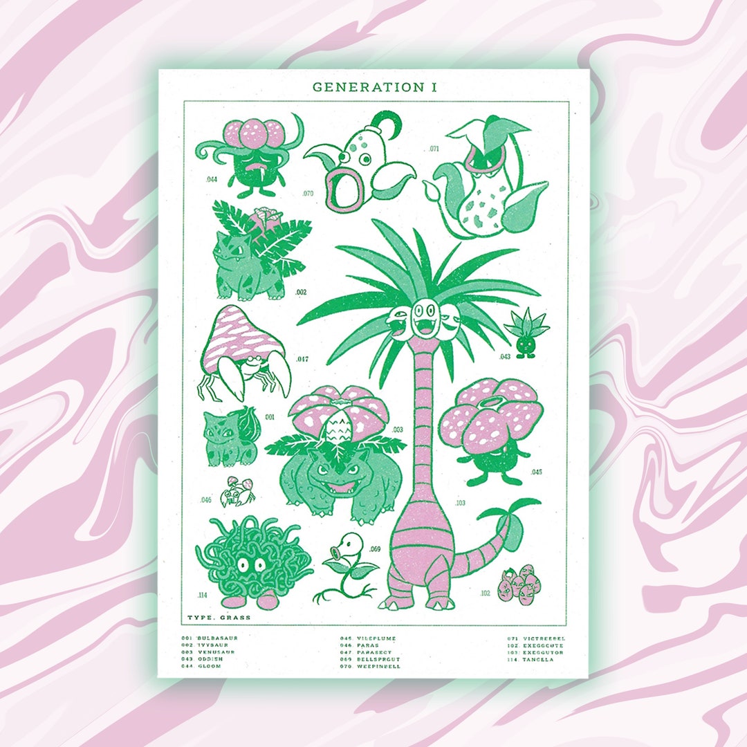 Grass Type Pokemon Generation I Print Illustrated Art Print A6 Postcard ...