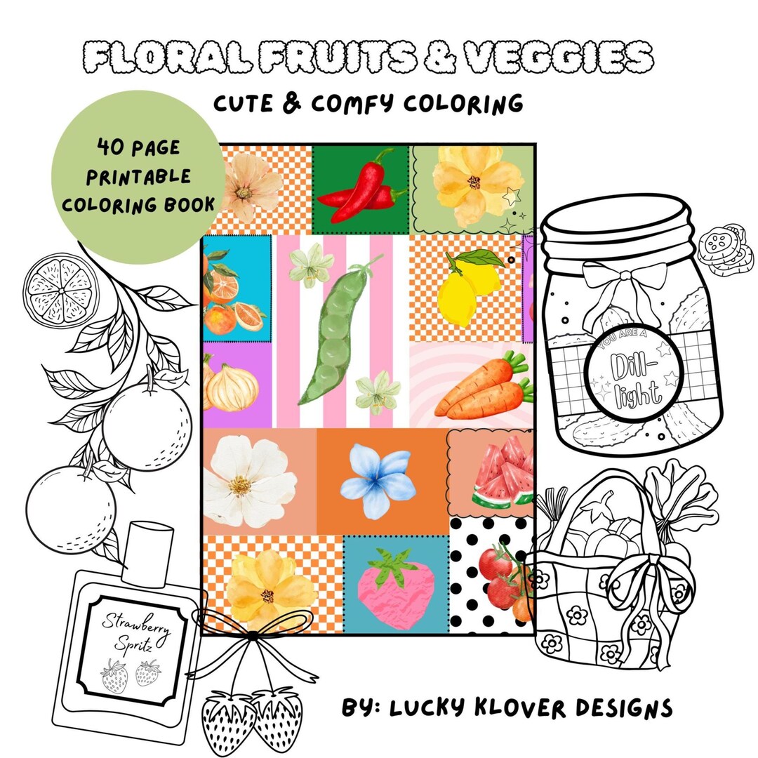Floral Fruits & Veggies Printable Coloring Book - Etsy