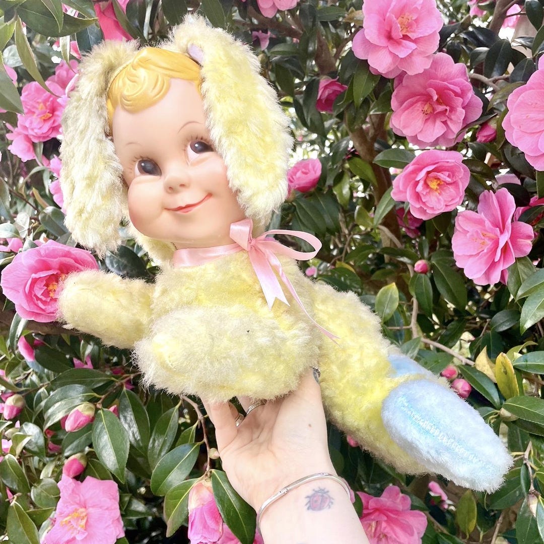 Creepy Cute Rubber Faced Plush Strange Doll Rabbit, Yellow Bunny Rabbit ...