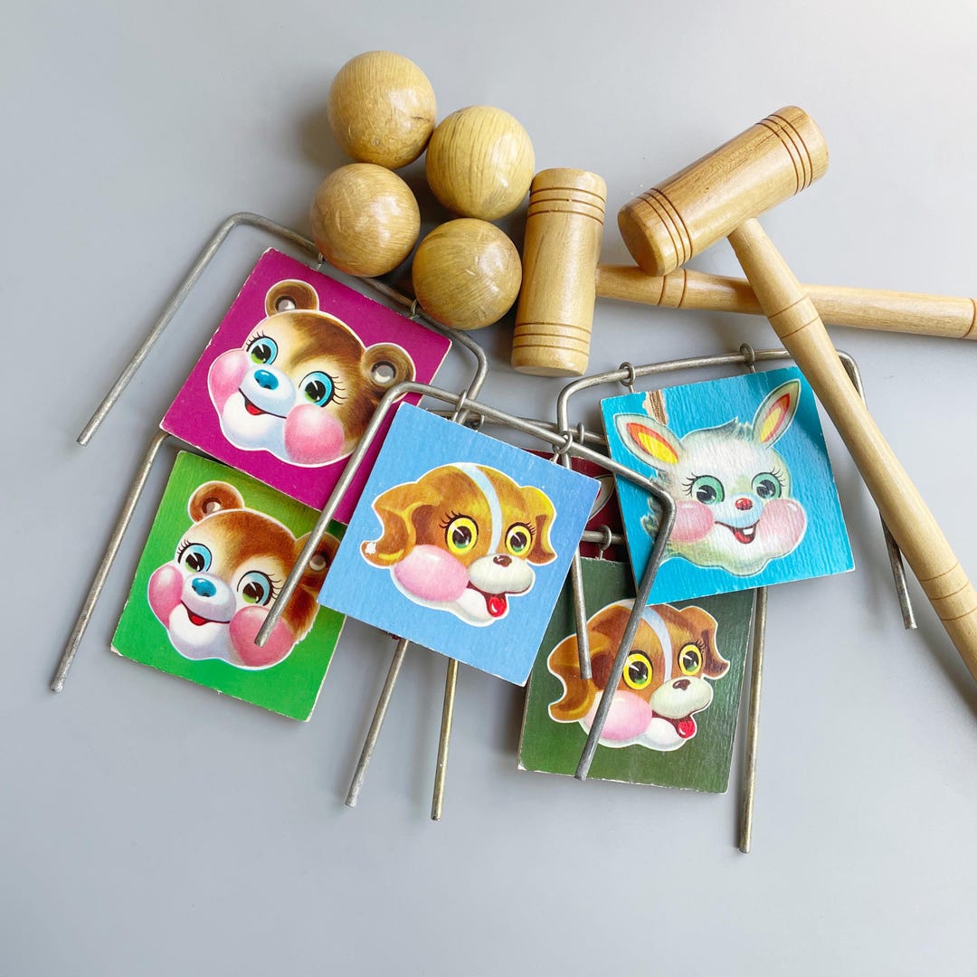 Vintage Kitsch Croquet Game, Cute Animal 1960's Kitsch Dog Rabbit Bear ...