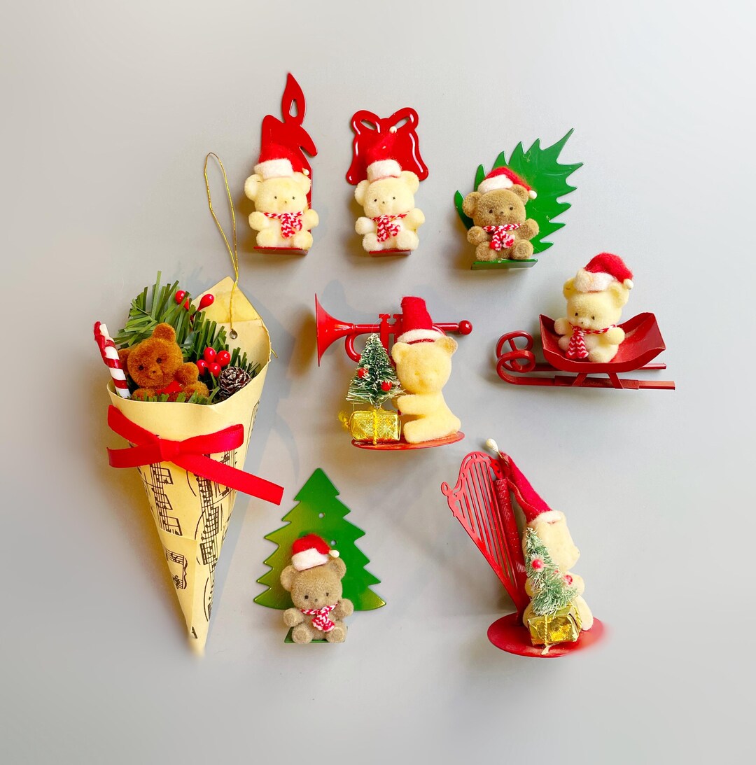 Vintage 80's Christmas Flocked Mini Bears, Tiny Furry Bear Figures ...