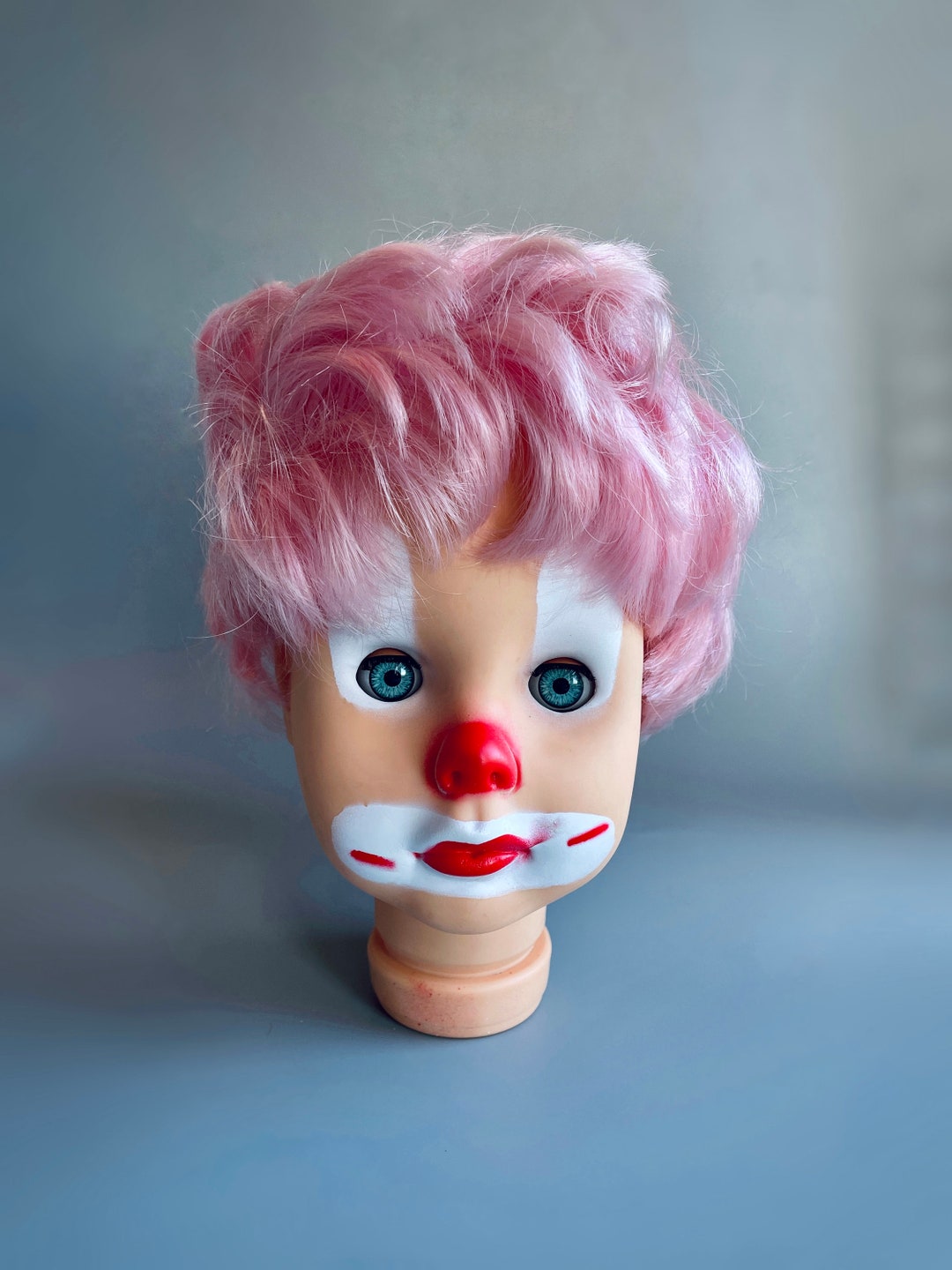Pink Haired Doll Head Clown, Large Clown Doll Head Blinking Eyes, New ...